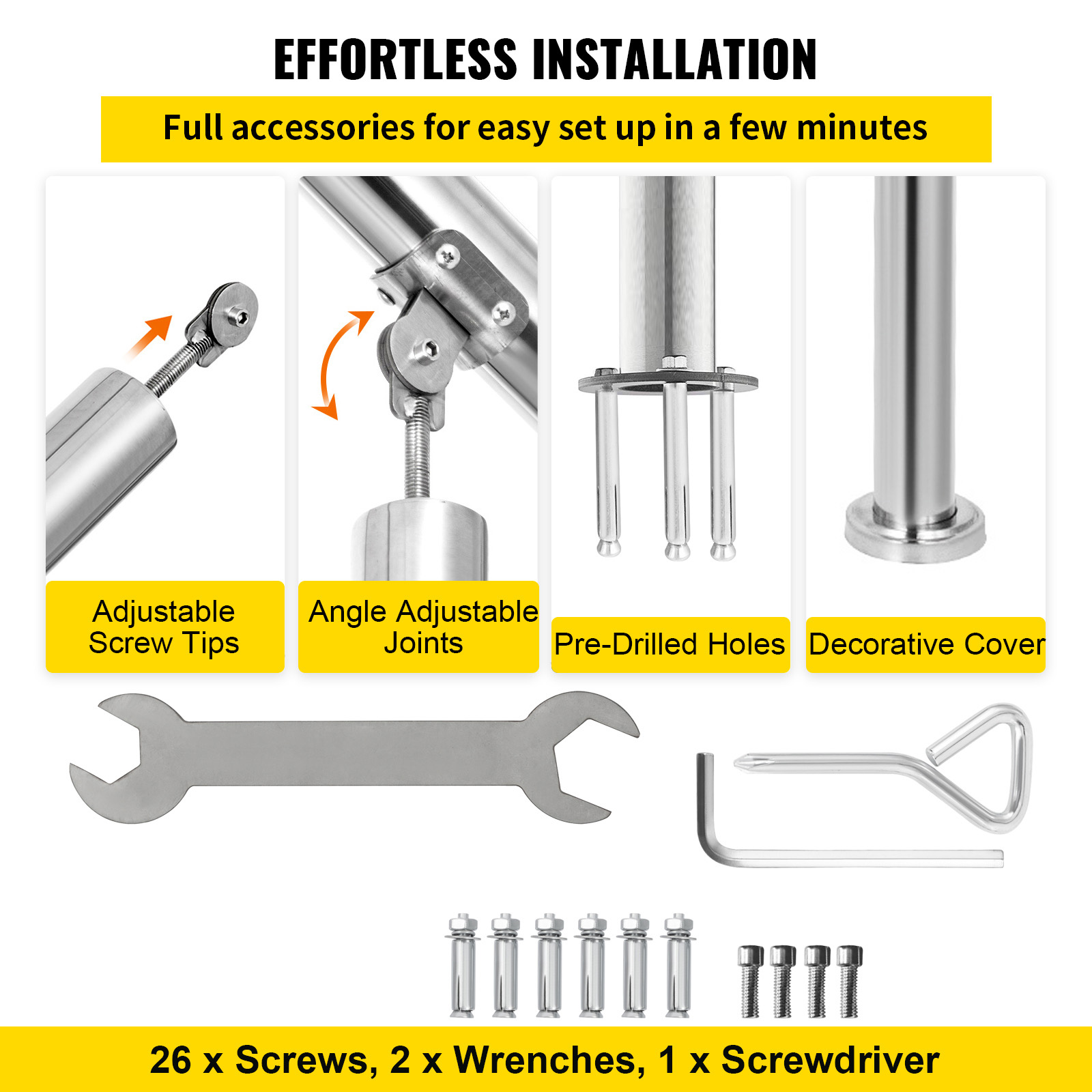 VEVOR VEVOR Adjustable Stainless Steel Railing Fit for 1-3 Step Outdoor ...