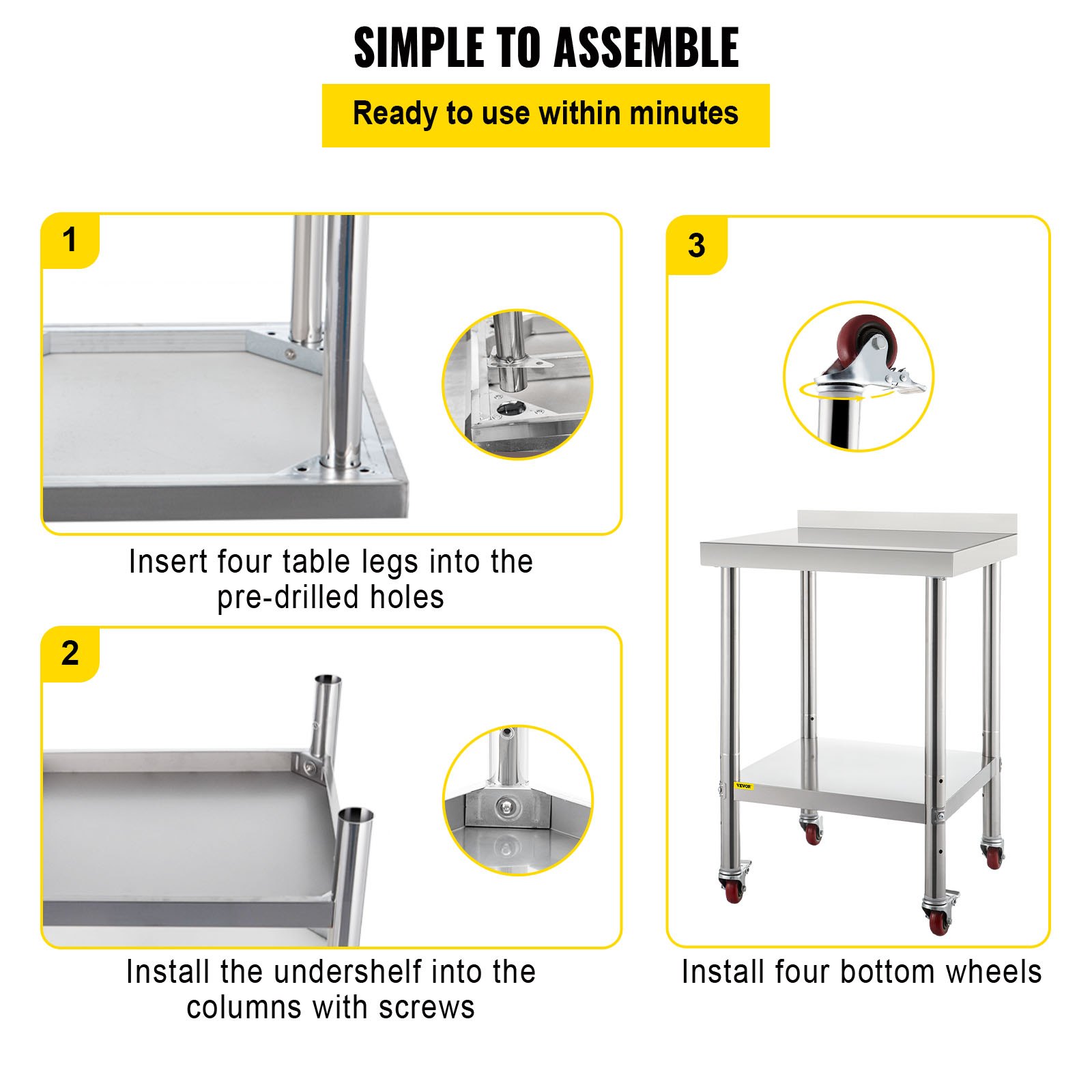 VEVOR Stainless Steel Prep Table, 24 x 24 x 35 Inch, 440lbs Load ...