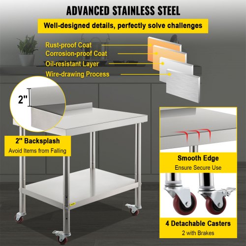 VEVOR 30x24in Stainless Steel Kitchen Work Prep Table w/ Backsplash ...