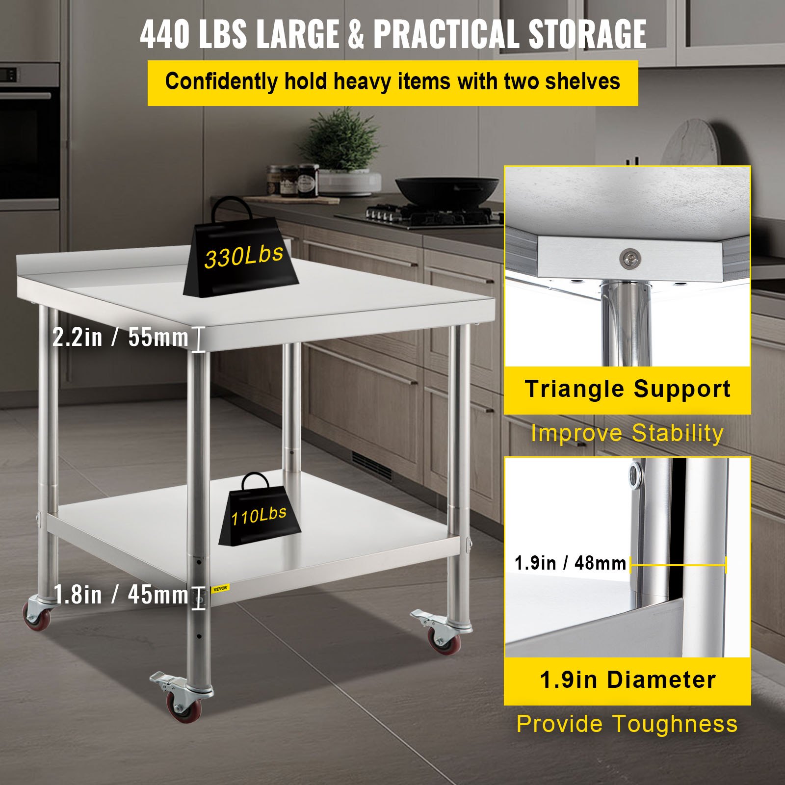 VEVOR 30x24in Stainless Steel Kitchen Work Prep Table w/ Backsplash ...