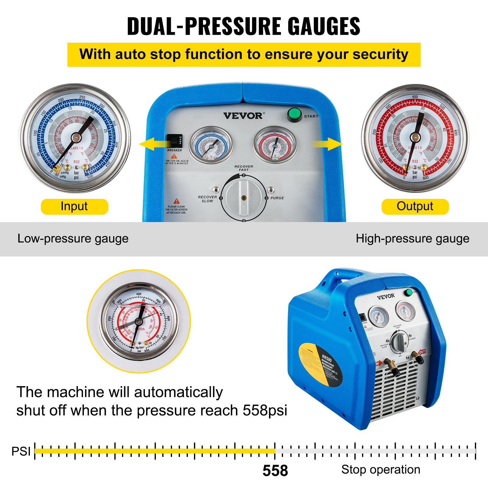 VEVOR Portable Refrigerant Recovery Machine 3/4 HP Dual Cylinder Air ...