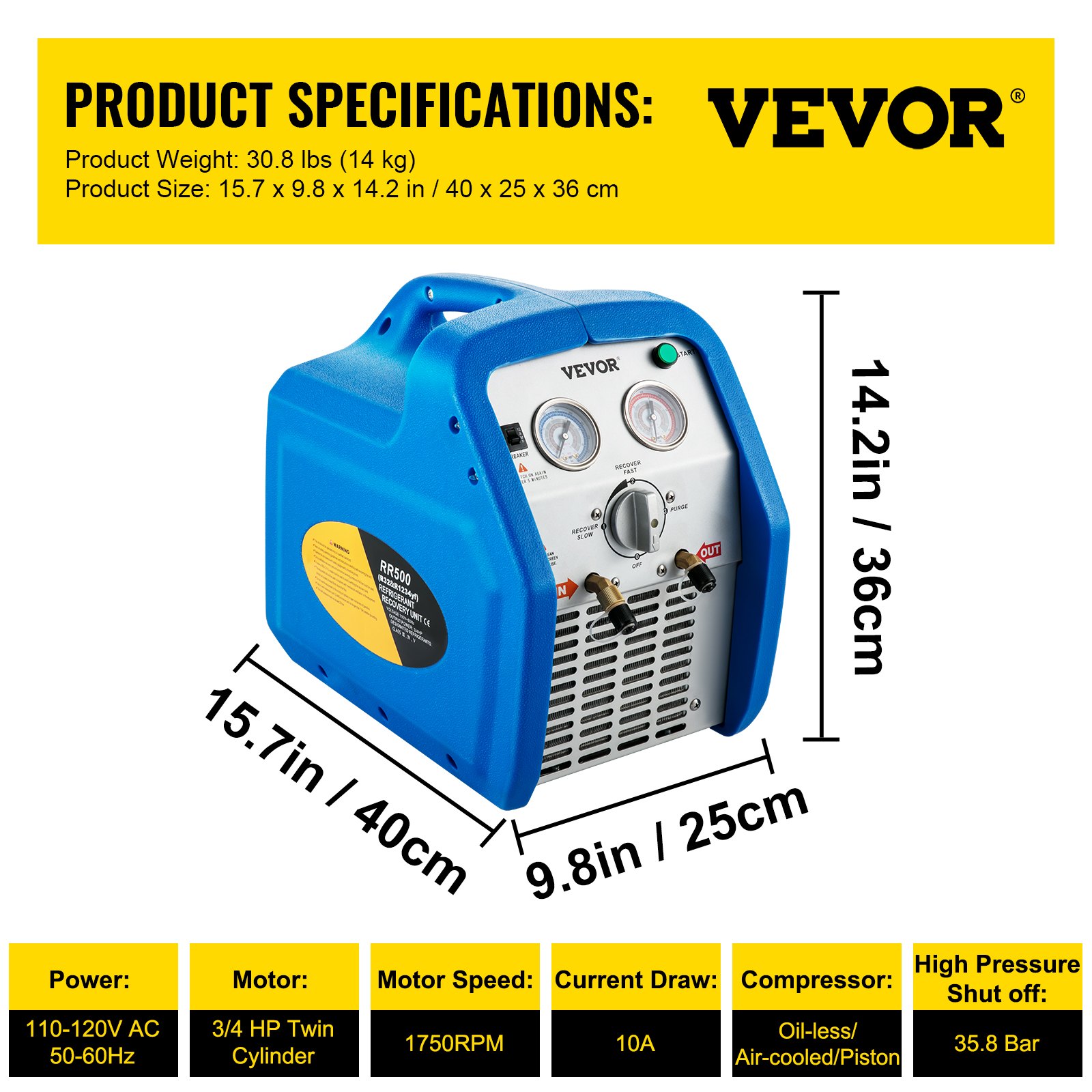 VEVOR Portable Refrigerant Recovery Machine 3/4 HP Dual Cylinder Air ...
