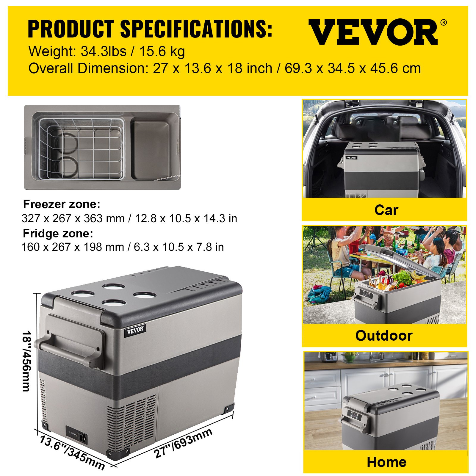 VEVOR 12 Volt Refrigerator 45L(48qt) Fast Cooling Portable Freezer with ...