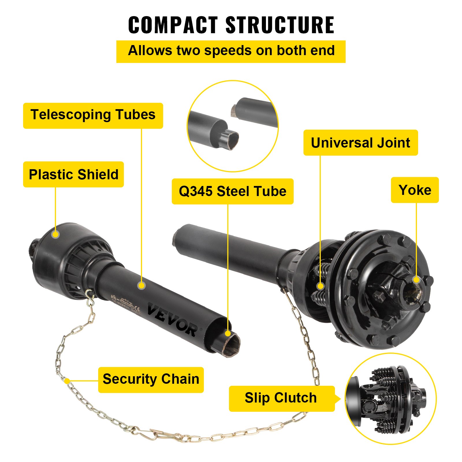 VEVOR PTO Shaft, 1-3/8” PTO Drive Shaft, 6 Spline Ends PTO Driveline ...