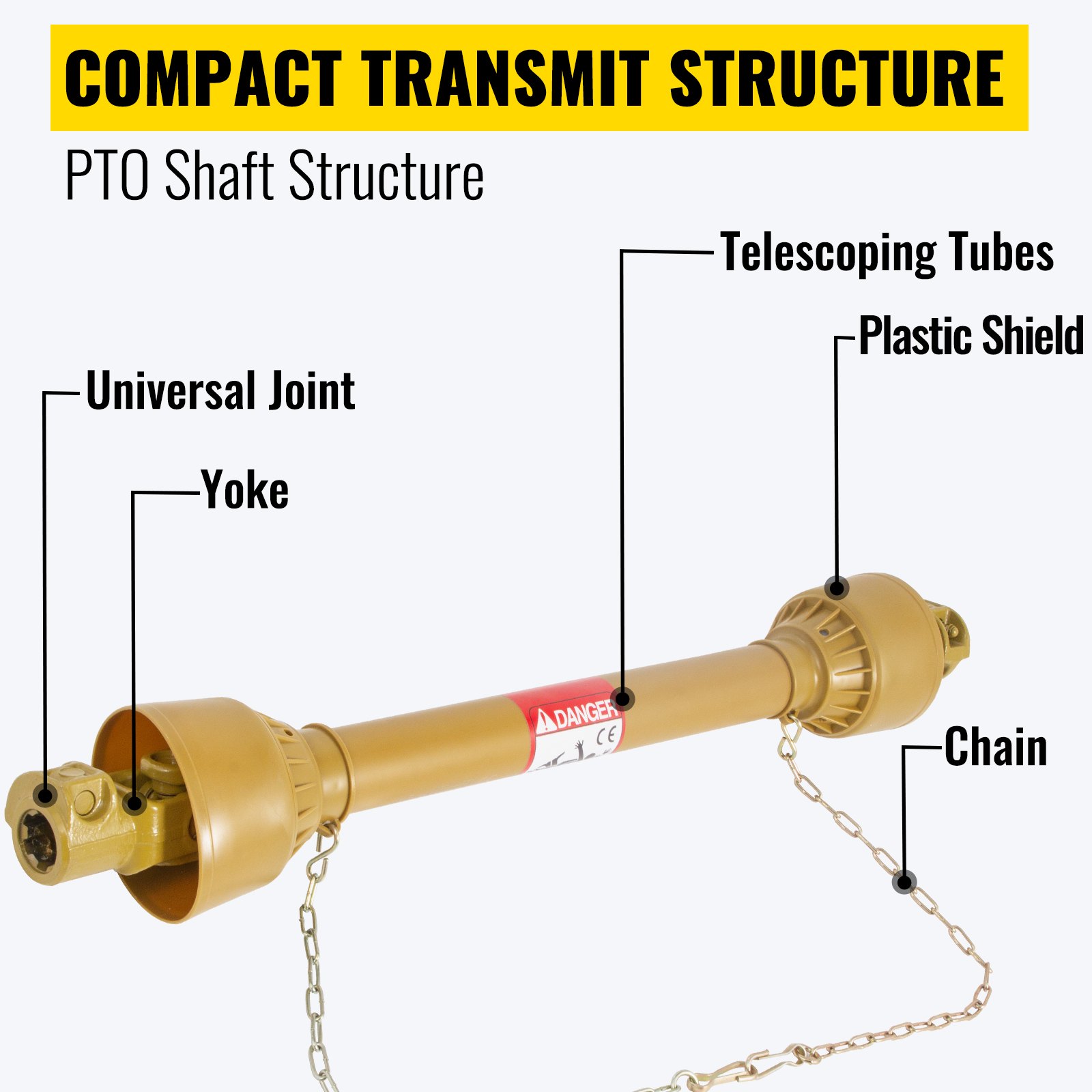 VEVOR PTO Shaft PTO Drive Shaft 1-3/8" x 6 Spline Ends T4 39"-55" for ...