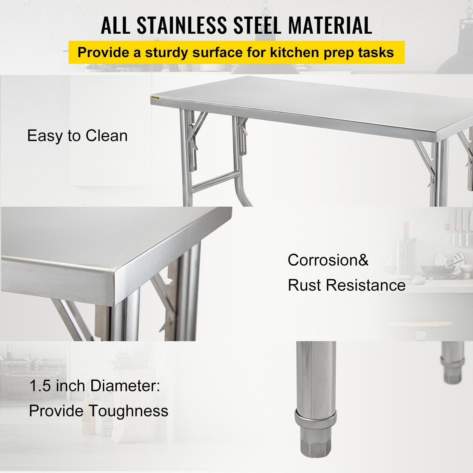 Vevor Commercial Stainless Steel Folding Work Prep Tables Open Kitchen ...