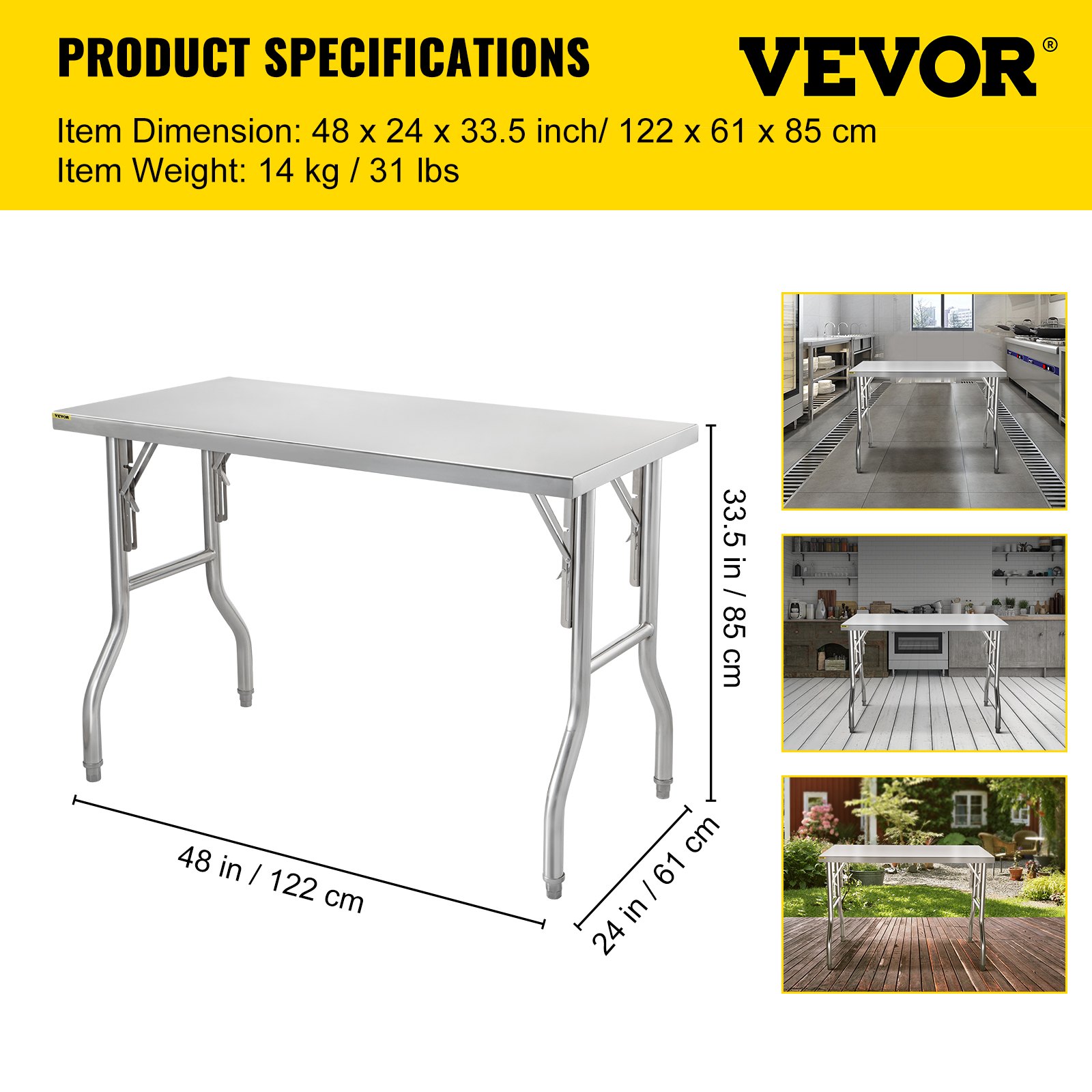 VEVOR VEVOR Stainless Steel Kitchen Bench Folding Commercial Prep Table ...