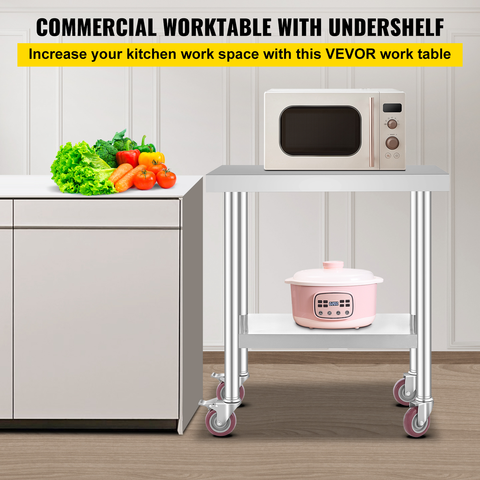 30"x18" Kitchen Work Table With Wheels Shelving Rolling Adjustable ...