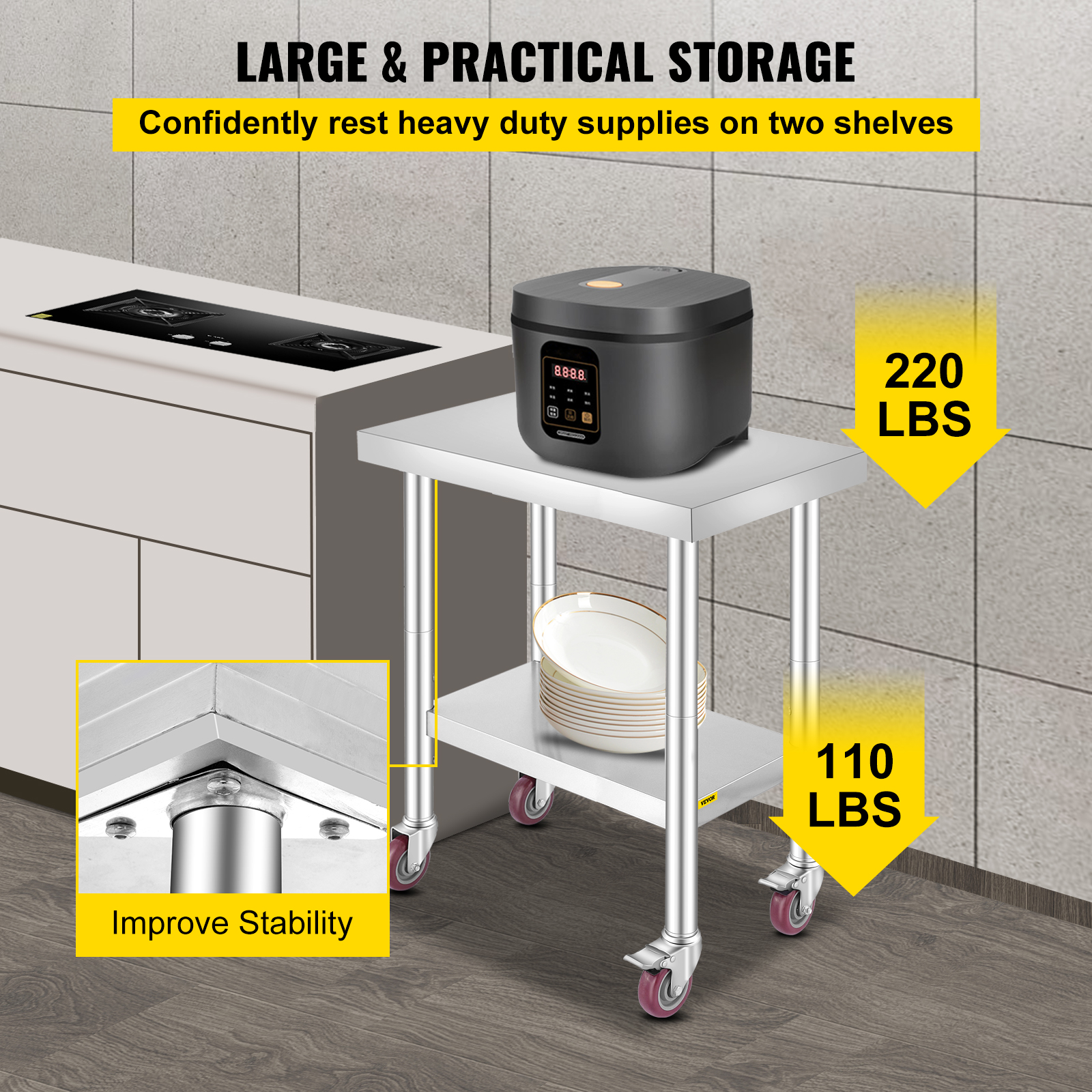 30"x18" Kitchen Work Table With Wheels Shelving Rolling Adjustable ...