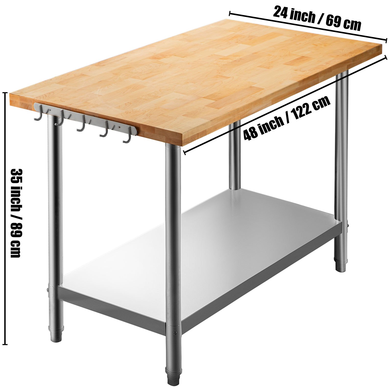 VEVOR Maple Top Work Table Kitchen Prep Table Wood 48 x 24 In Stainless ...
