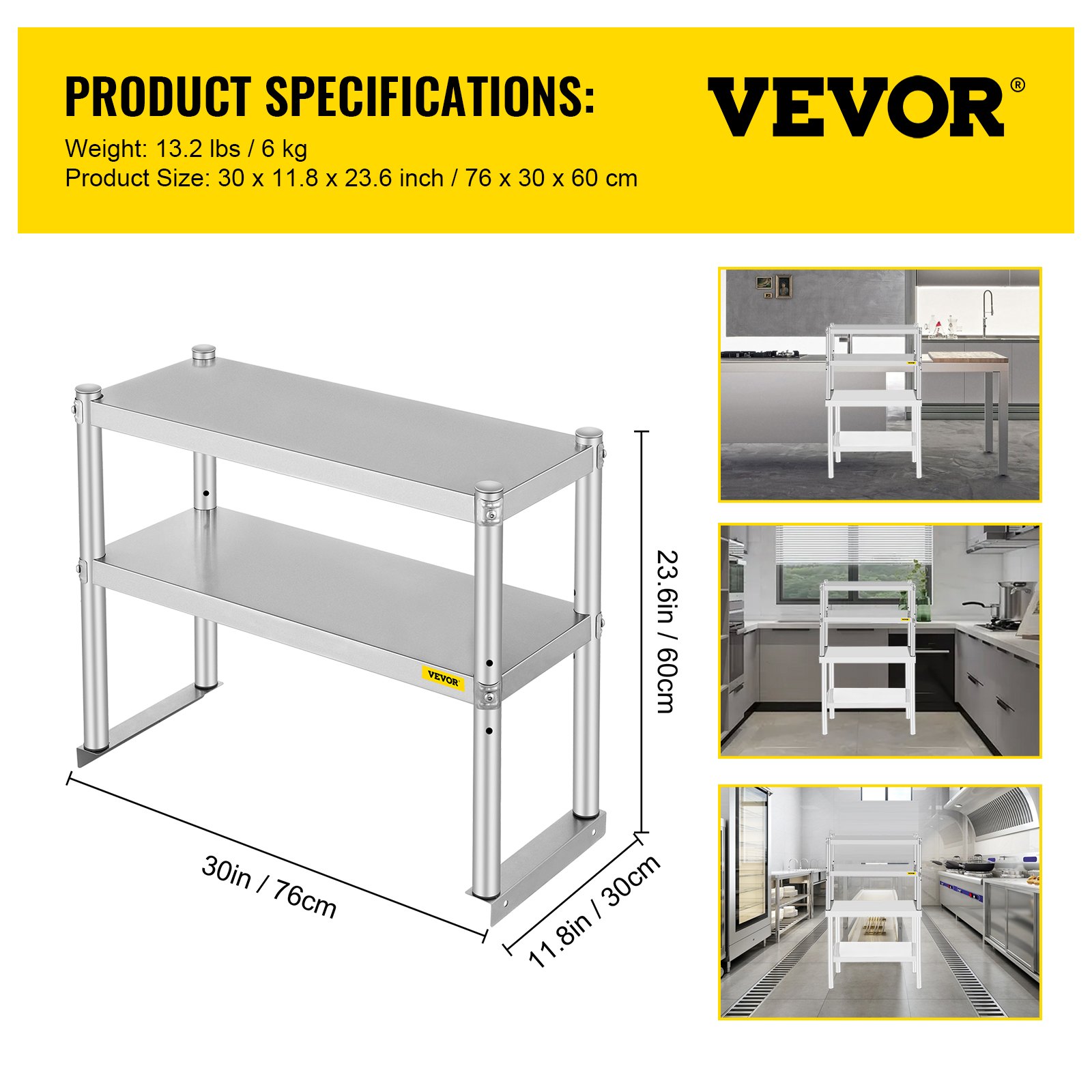 VEVOR Double Overshelf, Double Tier Stainless Steel Overshelf, 30 in ...