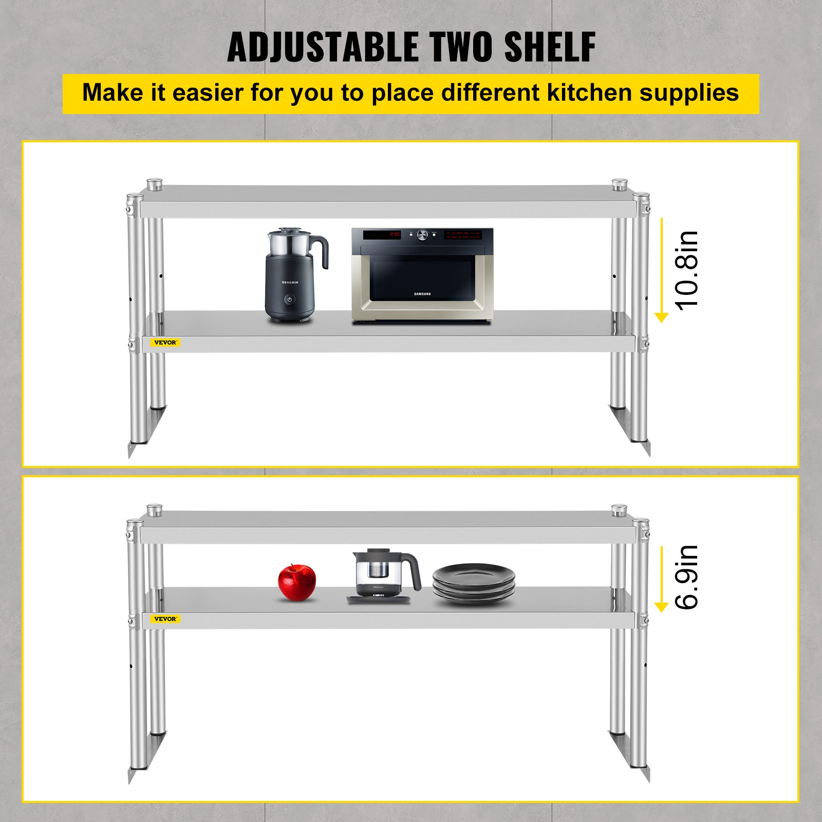 VEVOR Double Overshelf, Double Tier Stainless Steel Overshelf, 48 x 12 ...