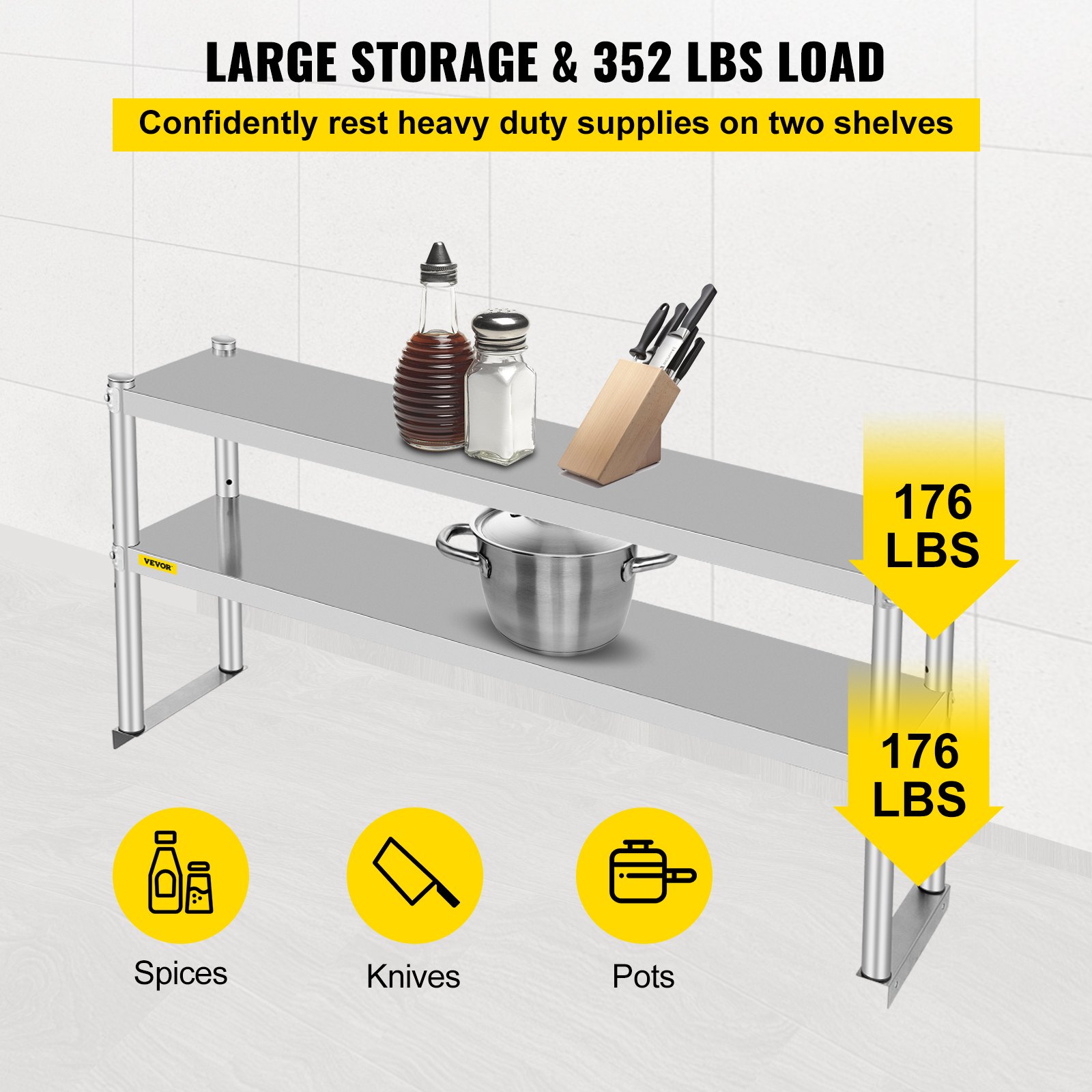 VEVOR Double Overshelf, Double Tier Stainless Steel Overshelf, 48 x 12 ...