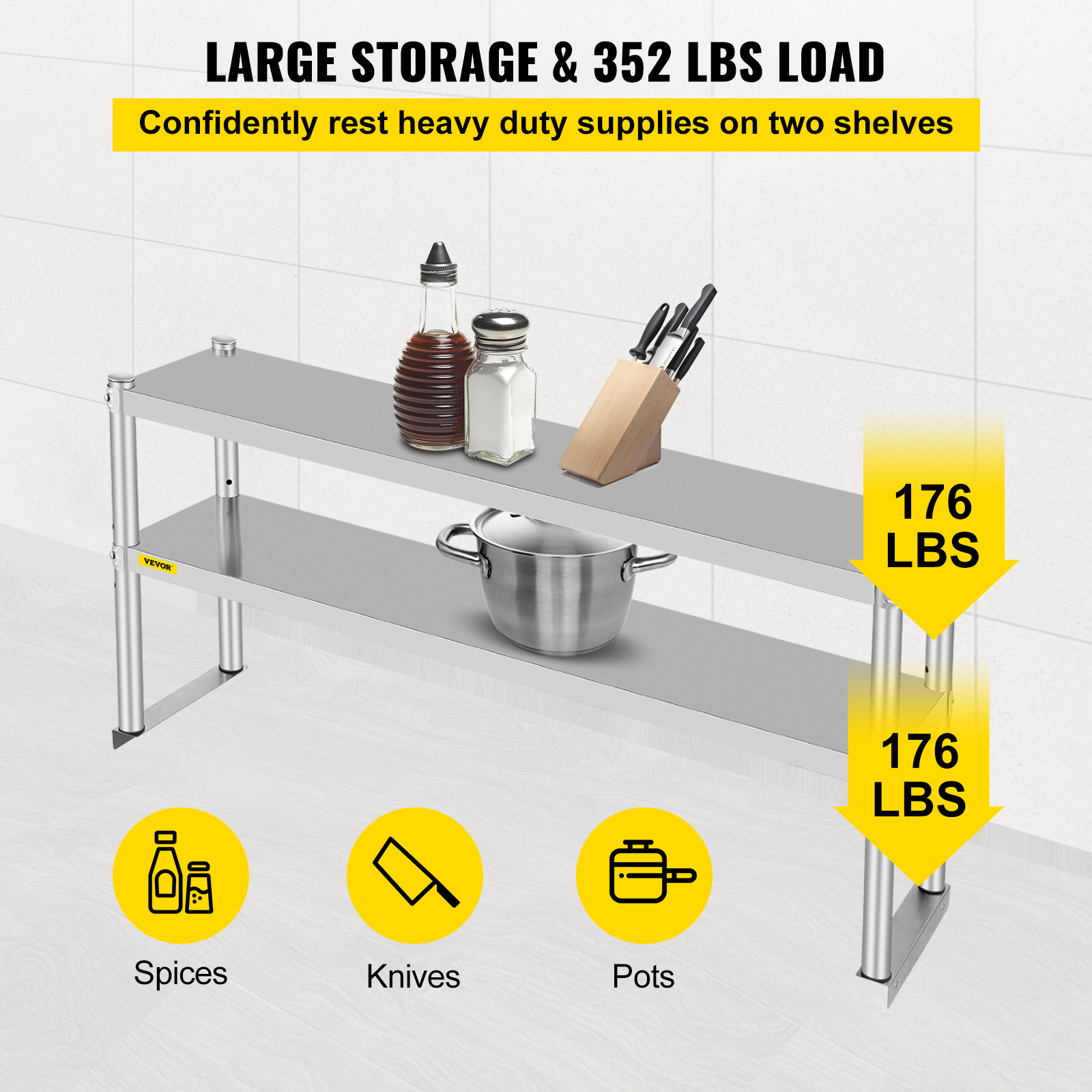 VEVOR Double Overshelf, Double Tier Stainless Steel Overshelf, 48 x 12 ...