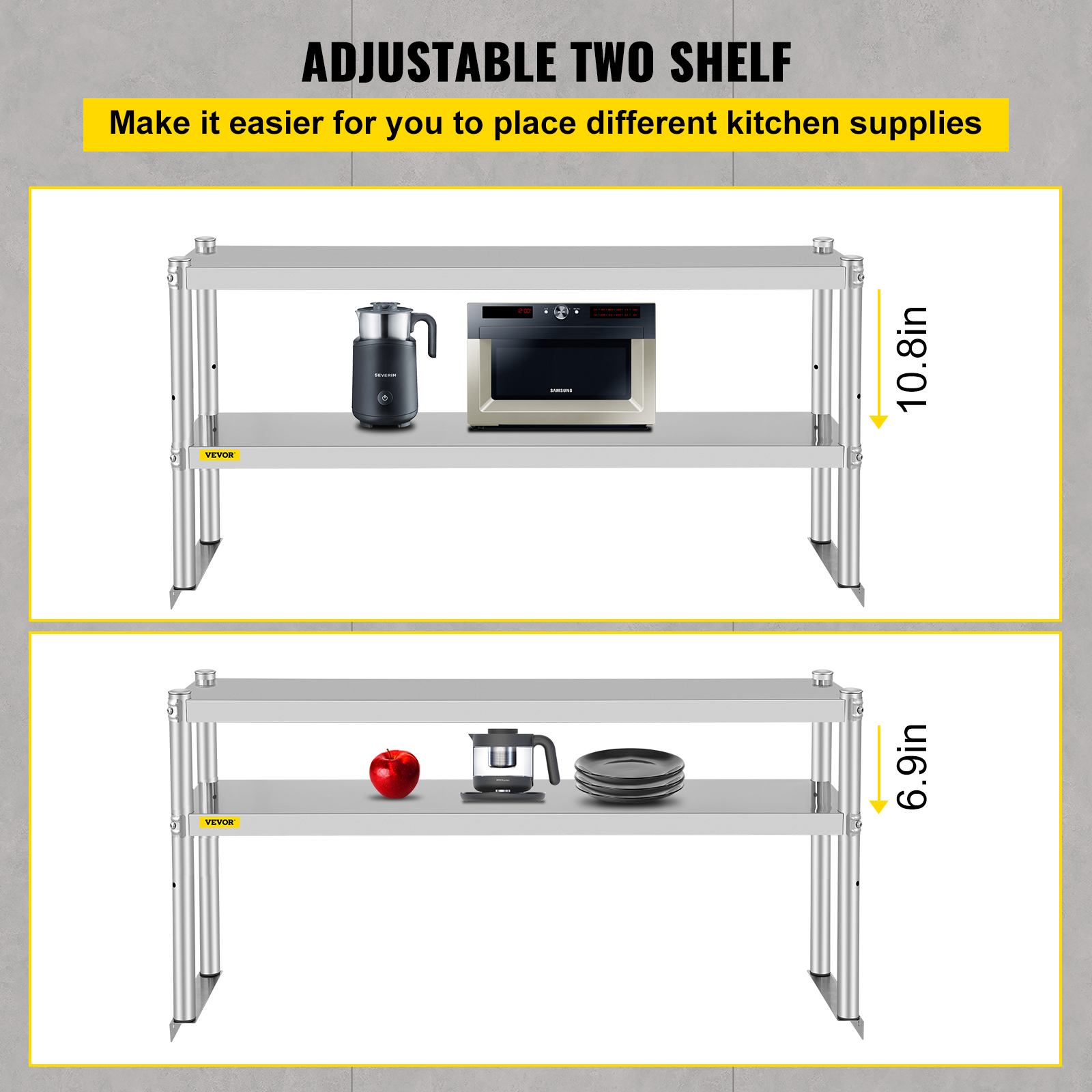 VEVOR Double Overshelf, Double Tier Stainless Steel Overshelf, 48 x 12 ...