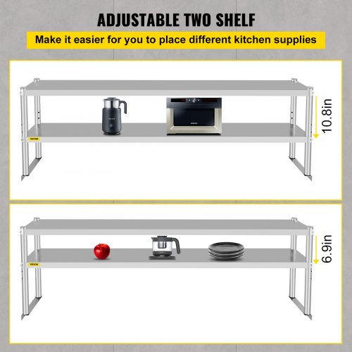 VEVOR Double Overshelf, Double Tier Stainless Steel Overshelf, 72 in ...