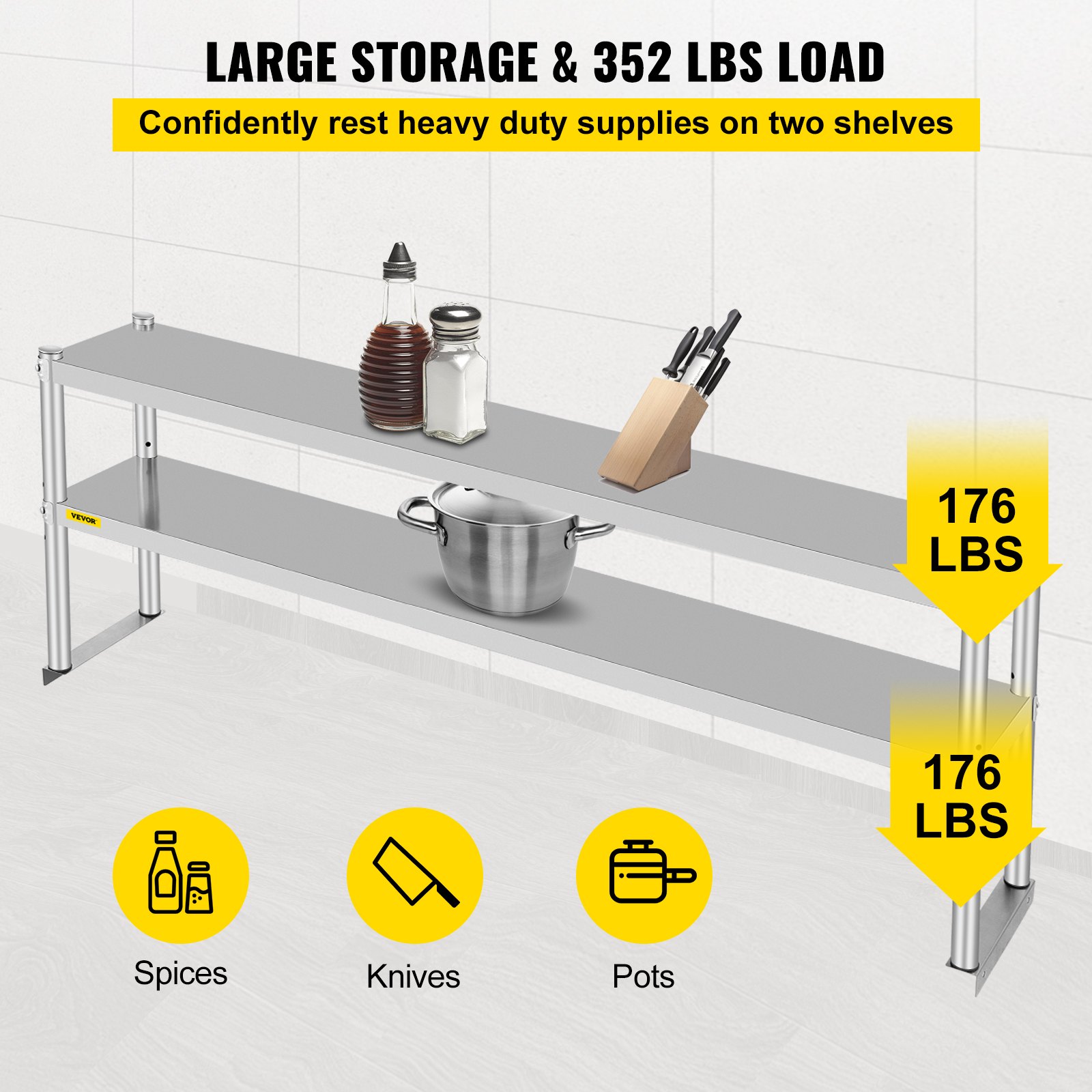 VEVOR Double Overshelf, Double Tier Stainless Steel Overshelf, 72 in ...