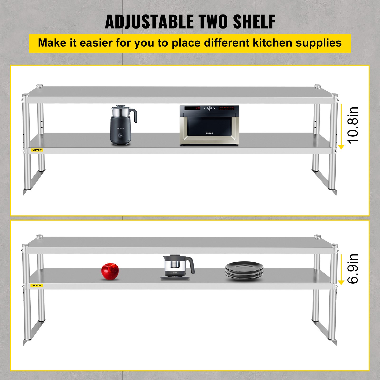 VEVOR Double Overshelf, Double Tier Stainless Steel Overshelf, 72 in ...