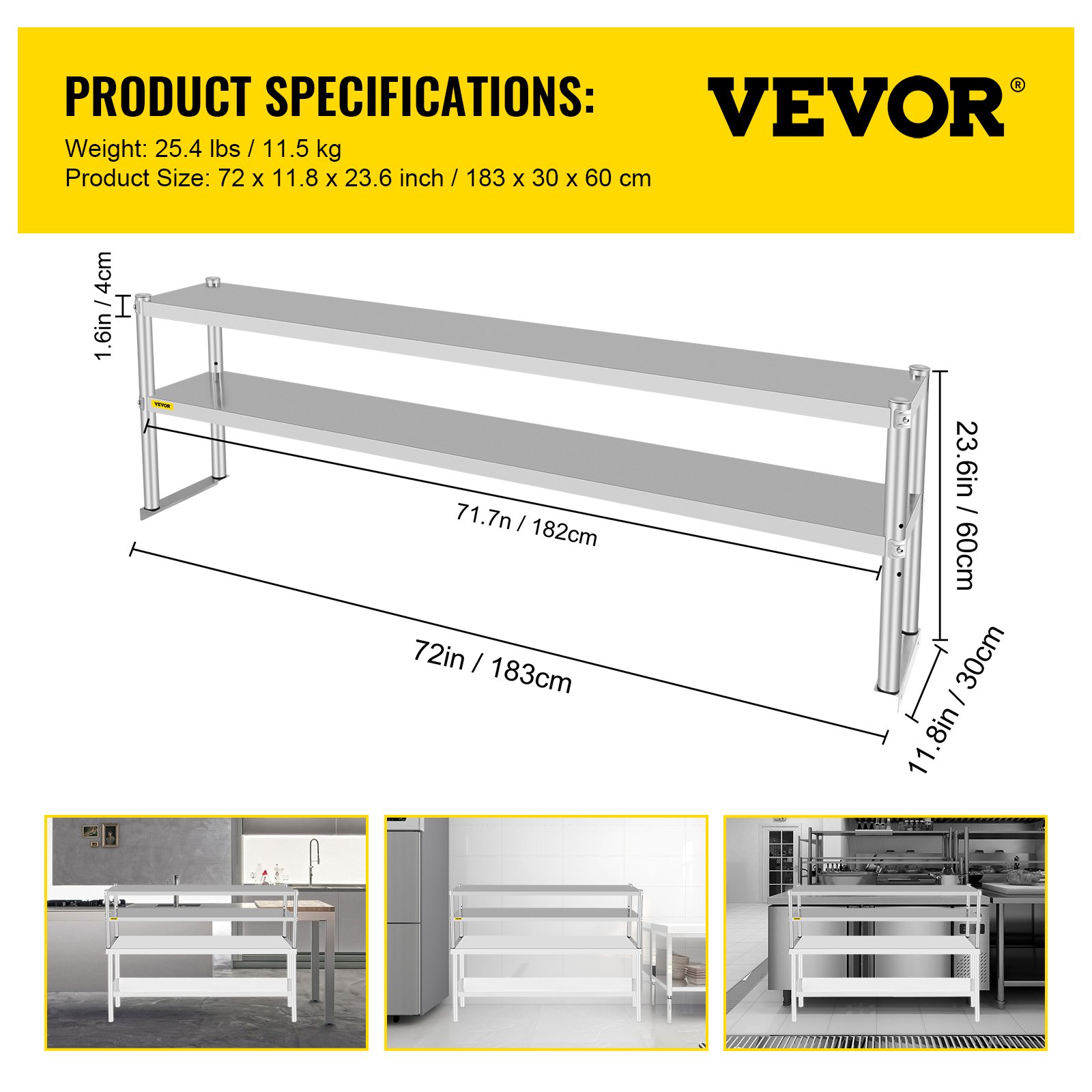 VEVOR Double Overshelf, Double Tier Stainless Steel Overshelf, 72 in ...