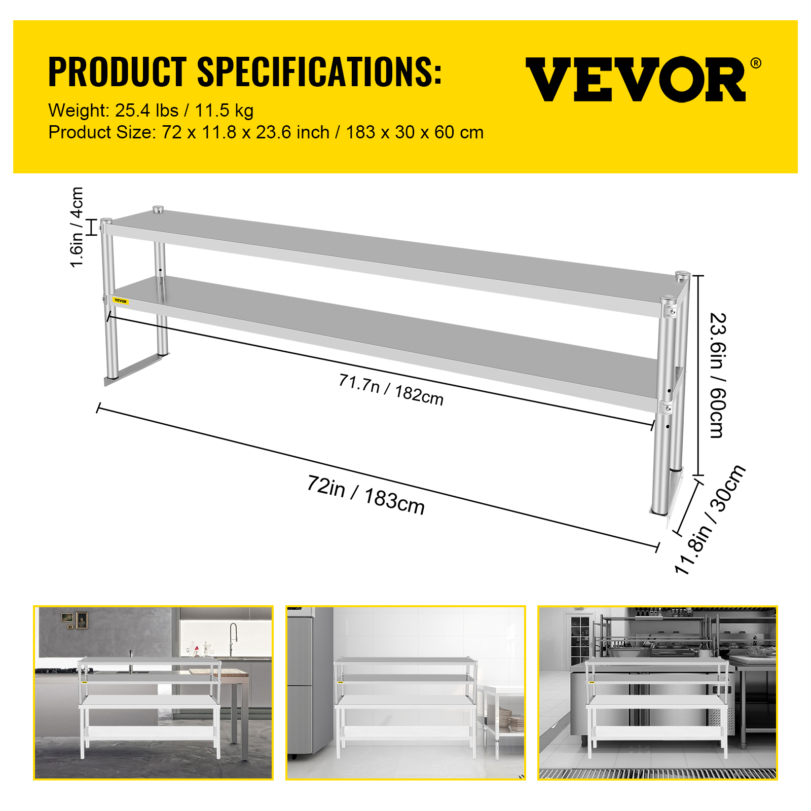 VEVOR Double Overshelf, Double Tier Stainless Steel Overshelf, 72 in ...