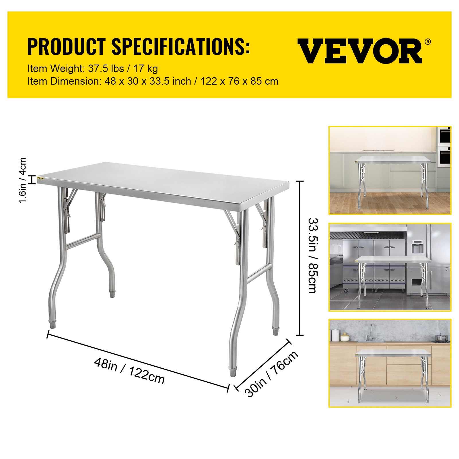 VEVOR 48 x 30 Inch Folding Commercial Prep Table Commercial Worktable ...