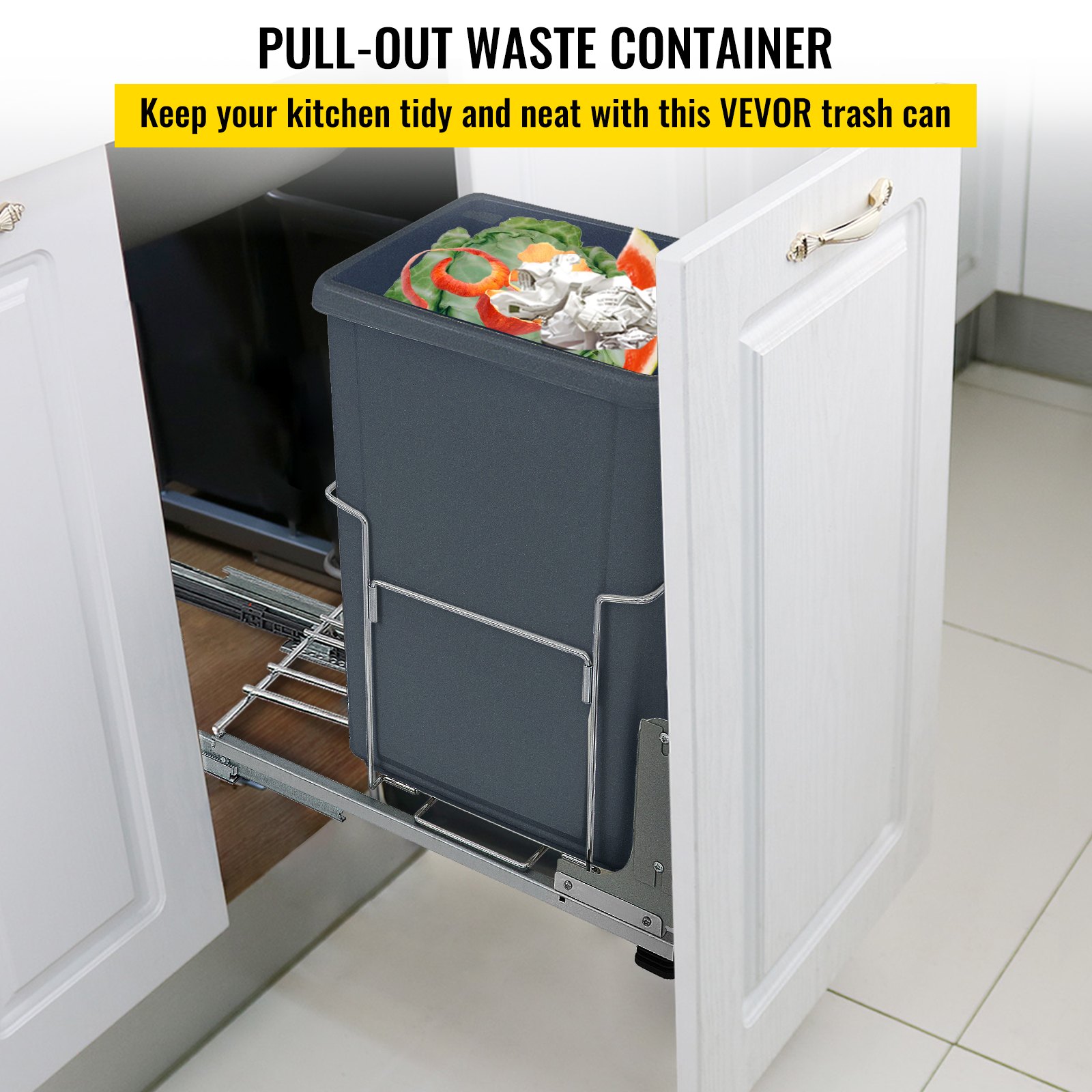 VEVOR Pull-Out Trash Can, 37Qt Single Bin, Under Mount Kitchen Waste ...