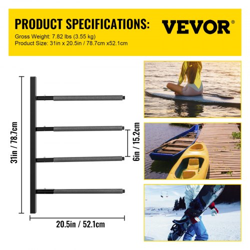 VEVOR Vertical Surfboard Rack, 4 Rods Paddle Board Storage Rack, 31 ...
