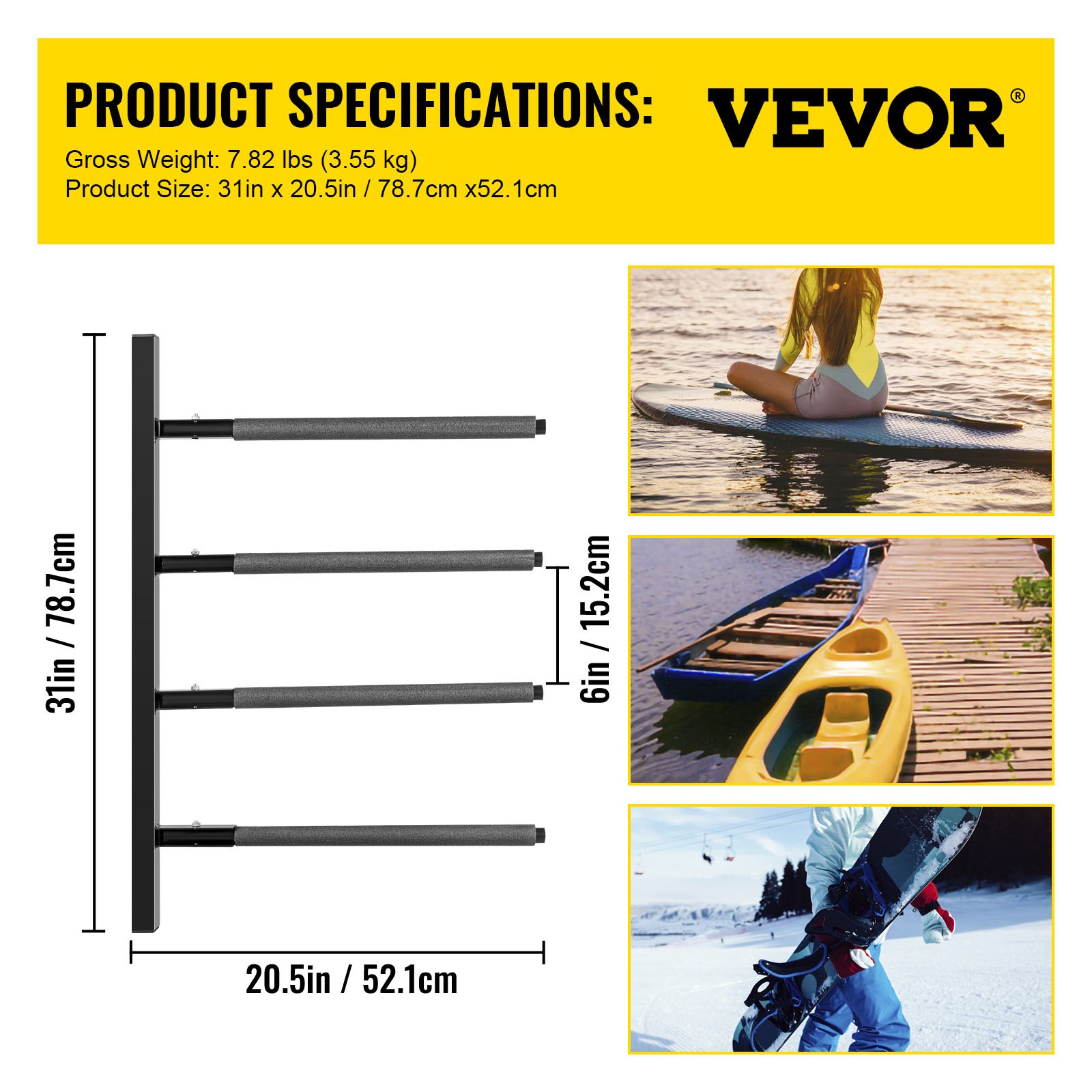 VEVOR Vertical Surfboard Rack, 4 Rods Paddle Board Storage Rack, 31 ...