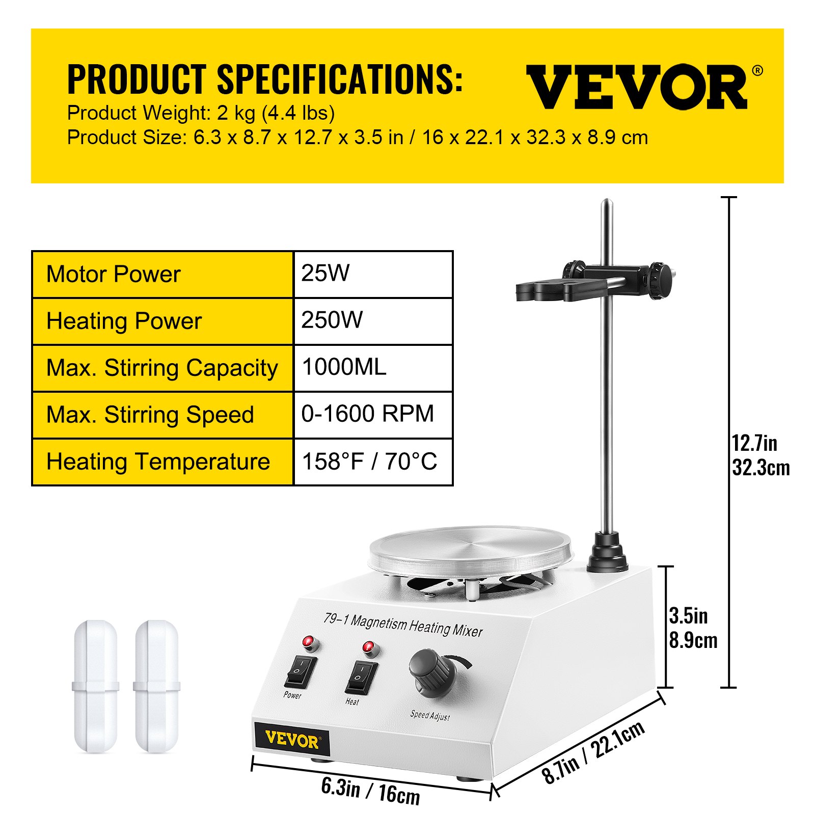 VEVOR Magnetic Stirrer 250W 158℉/70℃ Heating Hot Plate with Magnetic ...
