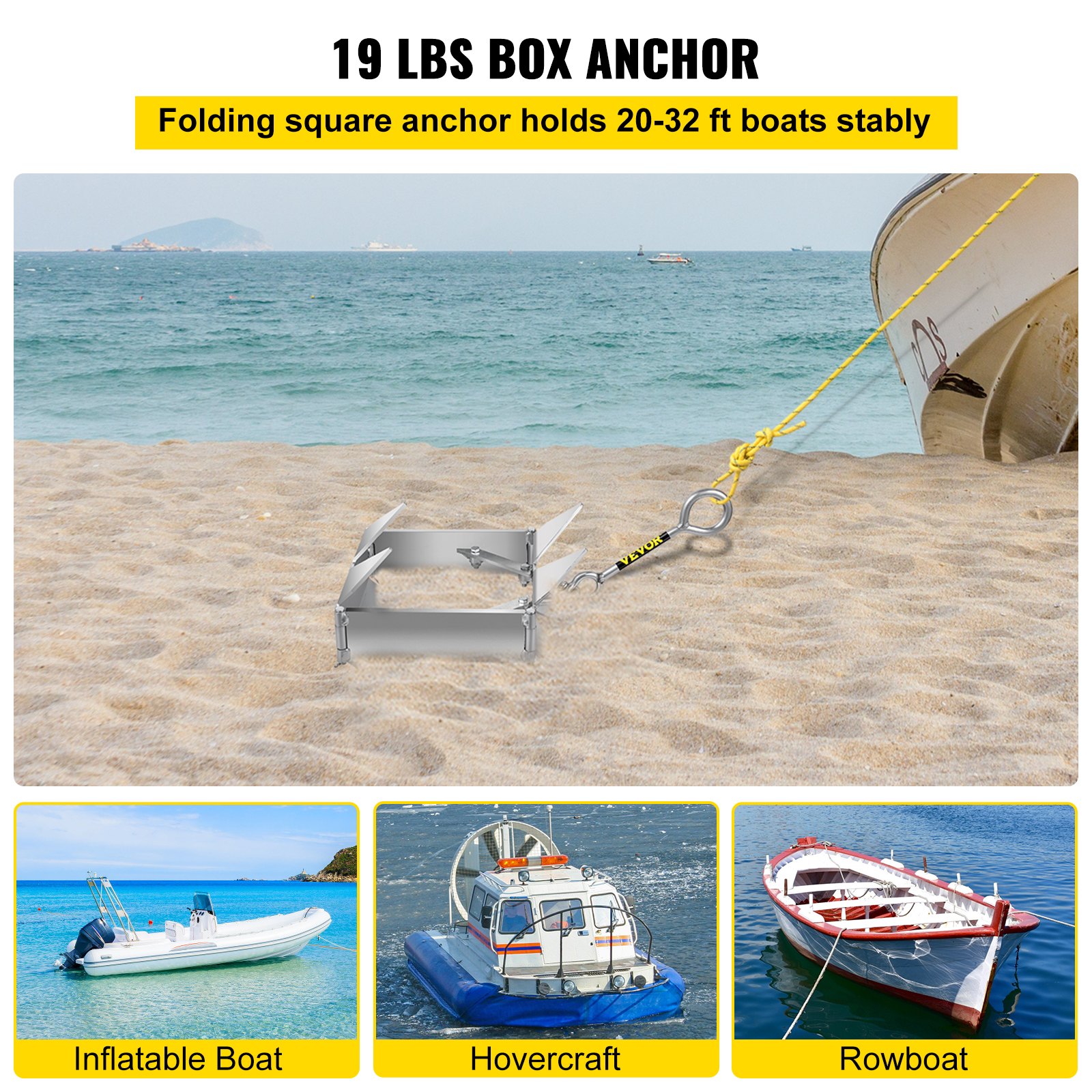 VEVOR Box Anchor for Boats, 19 lb Fold and Hold Anchor, Galvanized ...