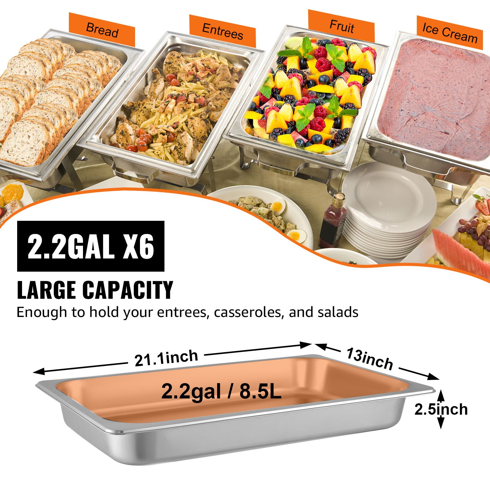 VEVOR Hotel Pans Full Size 2.5 Inch Deep, Steam Table Pan 6 Pack , 22 ...