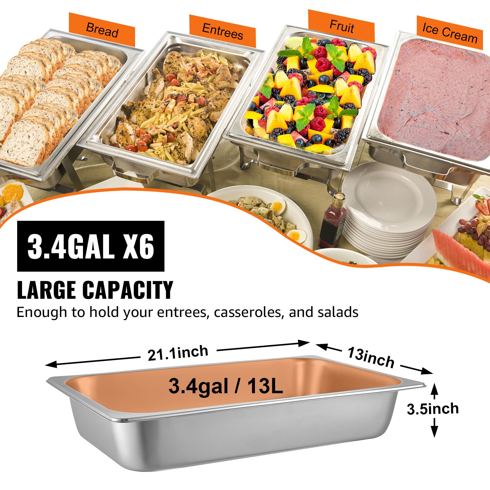 VEVOR Hotel Pans Full Size 4-Inch Deep, Steam Table Pan 6 Pack , 22 ...