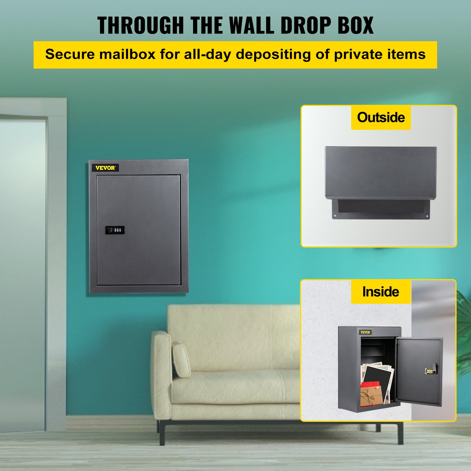 VEVOR Through The Wall Drop Box, 12.5''x6.3''x16.9'' Mail Drop Box w ...