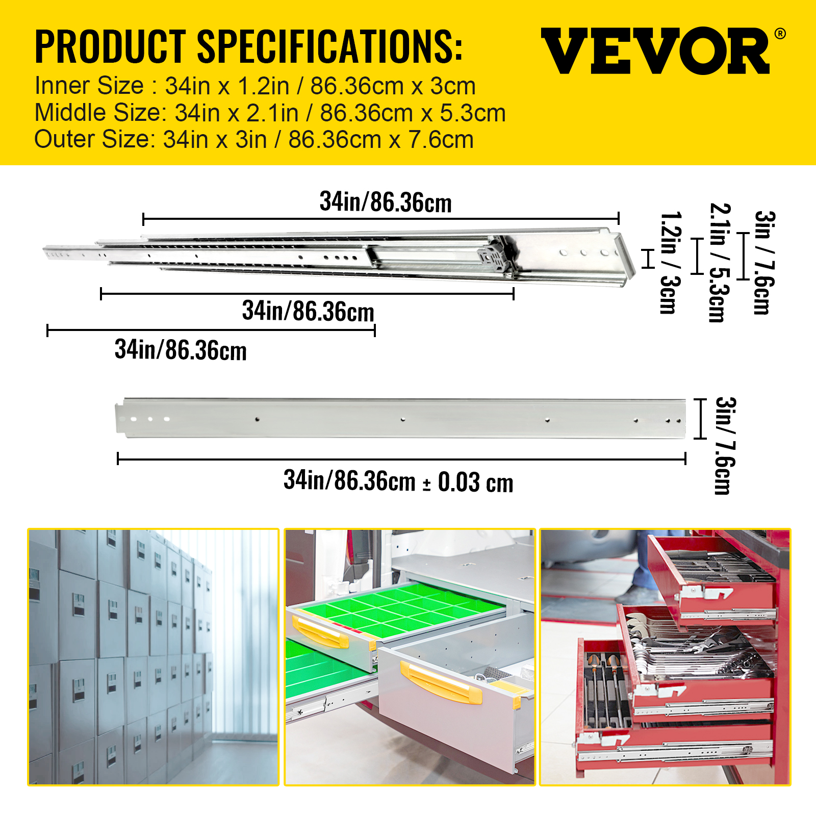 VEVOR Drawer Slides, 1 Pair 34 Inch Soft Close Drawer Slides, Ball ...