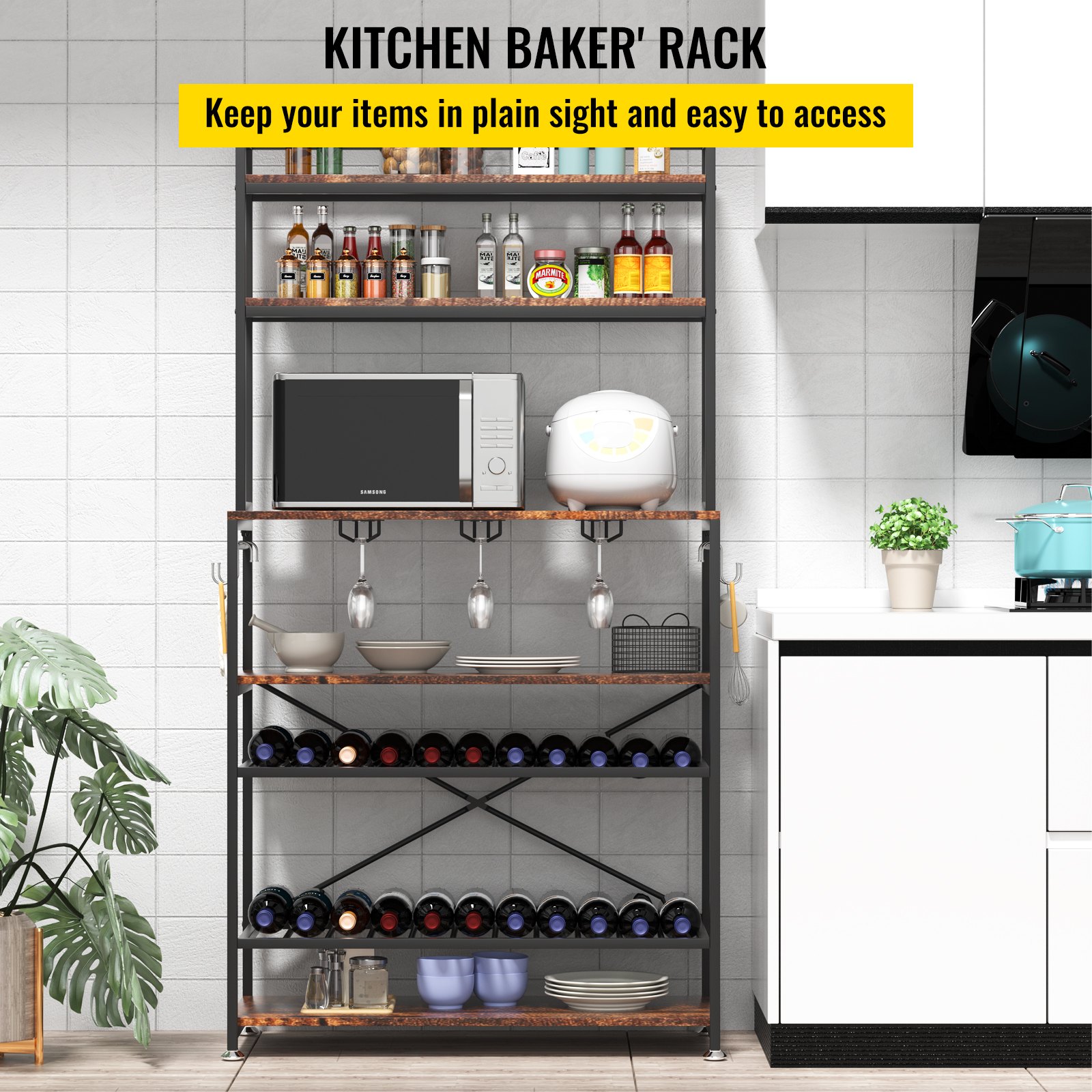 VEVOR Kitchen Baker's Rack, Coffee Bar, 6-Tier Microwave Oven Stand ...
