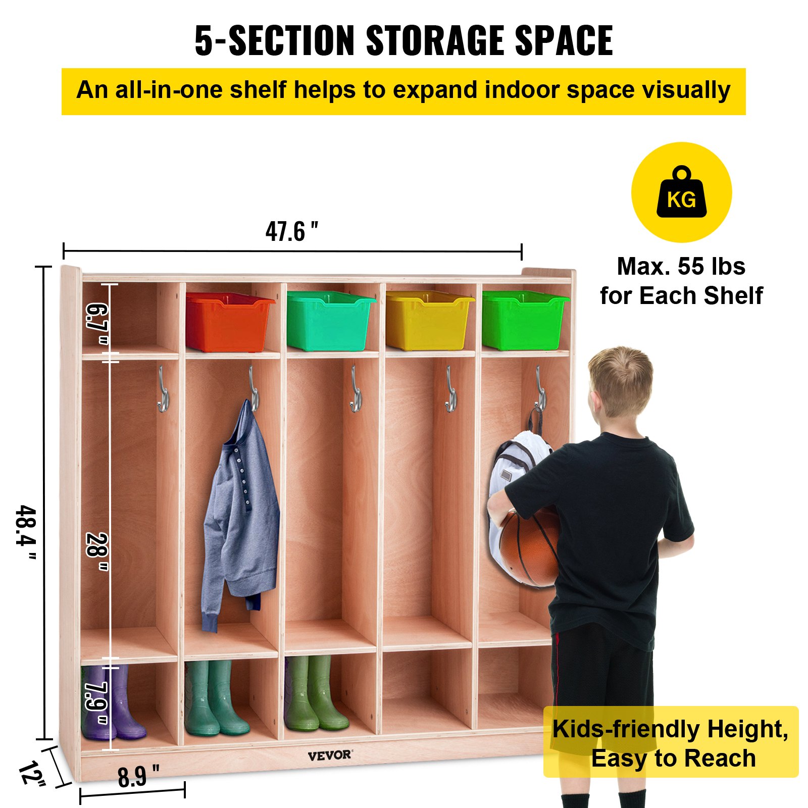 VEVOR Preschool Cubby Lockers 5-Section Plywood Birch Coat Locker 15MM ...