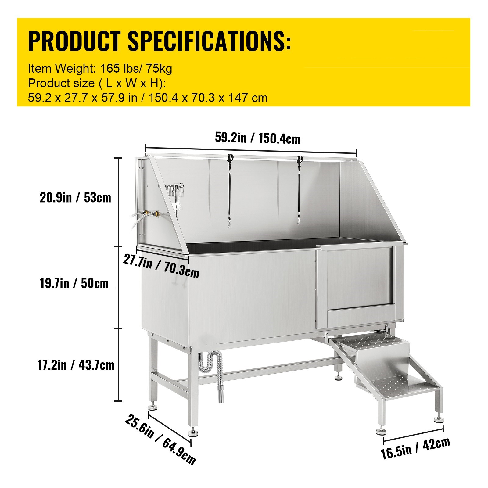 VEVOR Professional Dog Grooming Tub 62 inch Stainless Steel Pet Bathing ...