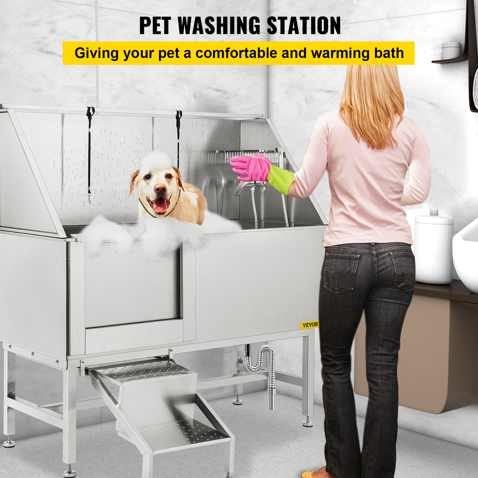 VEVOR 62 inch Professional Dog Grooming Tub Stainless Steel Pet Bathing ...