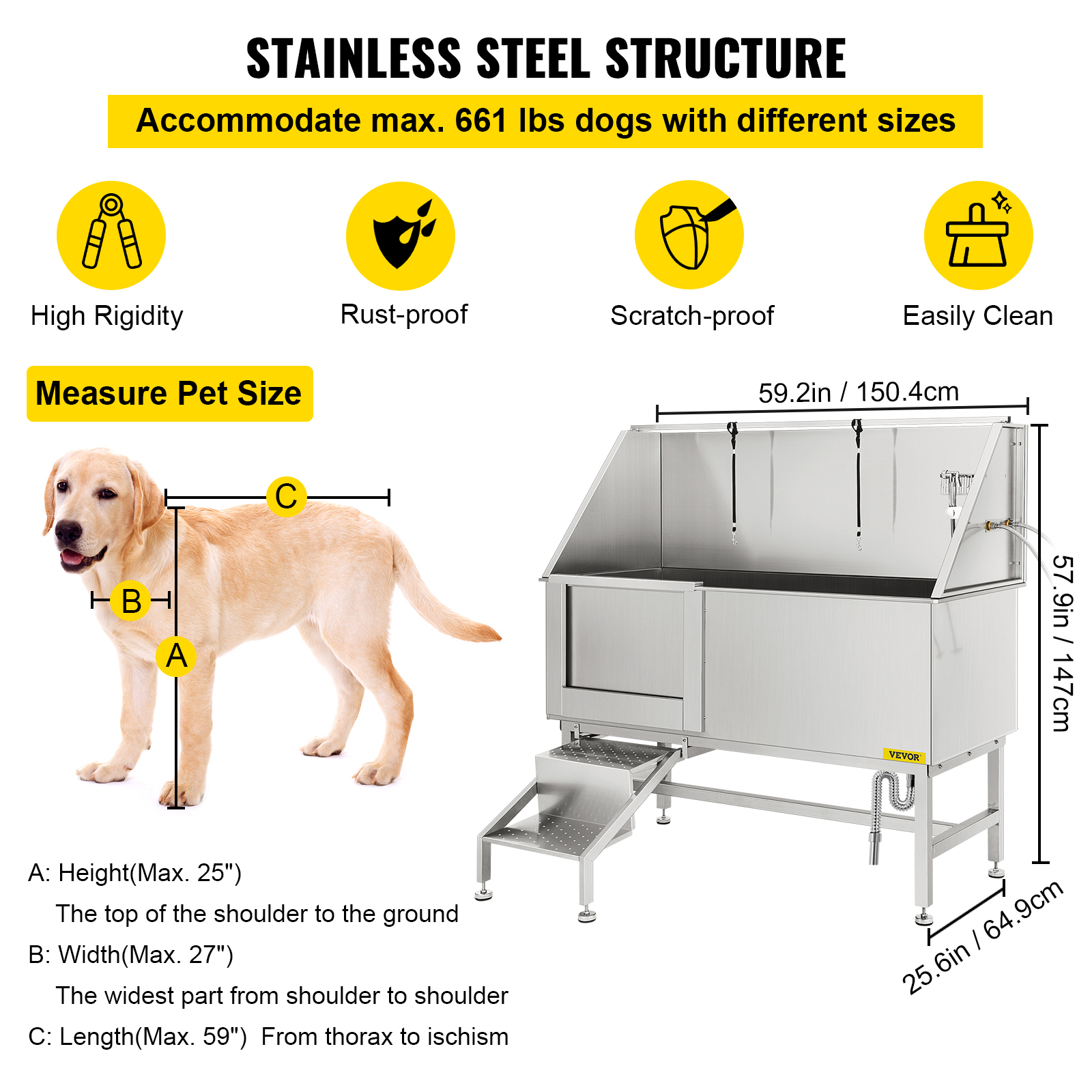 VEVOR 62 inch Professional Dog Grooming Tub Stainless Steel Pet Bathing ...