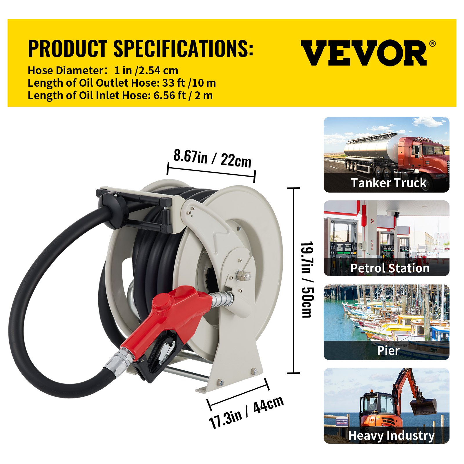 VEVOR Fuel Hose Reel, 1" x 33' Extra Long Retractable Diesel Hose Reel ...