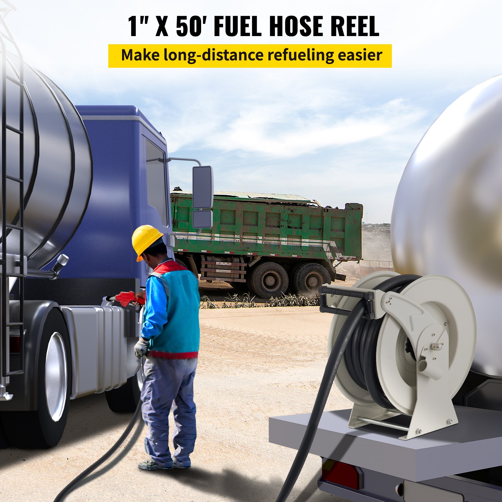 VEVOR Fuel Hose Reel 1" x 50' Retractable Diesel Hose Reel W/ Auto ...