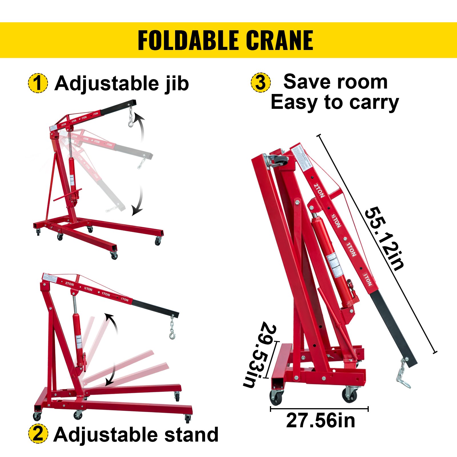 VEVOR Folding Engine Crane, 4400lbs Lifting Capacity Shop Crane, 2-Ton ...