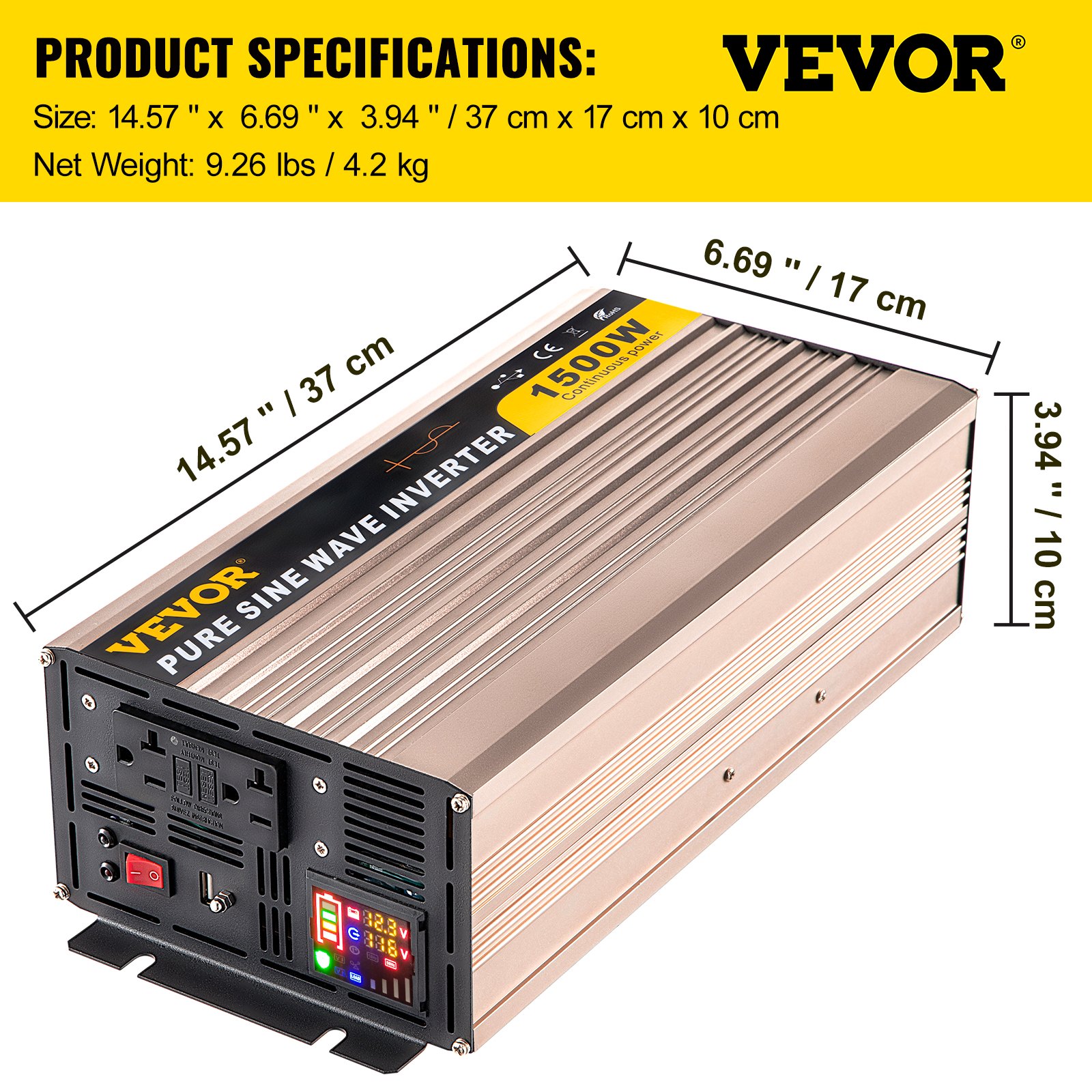 VEVOR Pure Sine Wave Inverter, 1500 Watt Power Inverter, DC 12V to AC ...