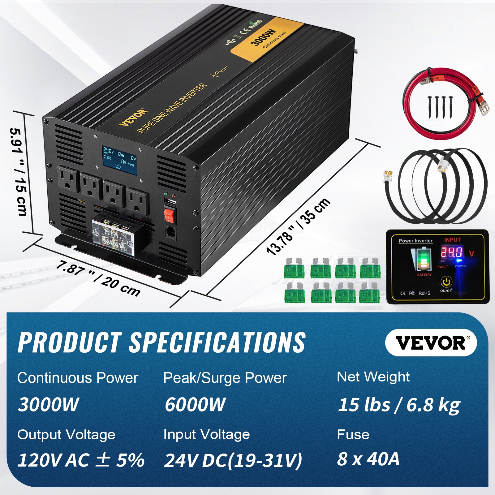 VEVOR Pure Sine Wave Inverter 3000 Watt Power Inverter, DC 24V to AC ...