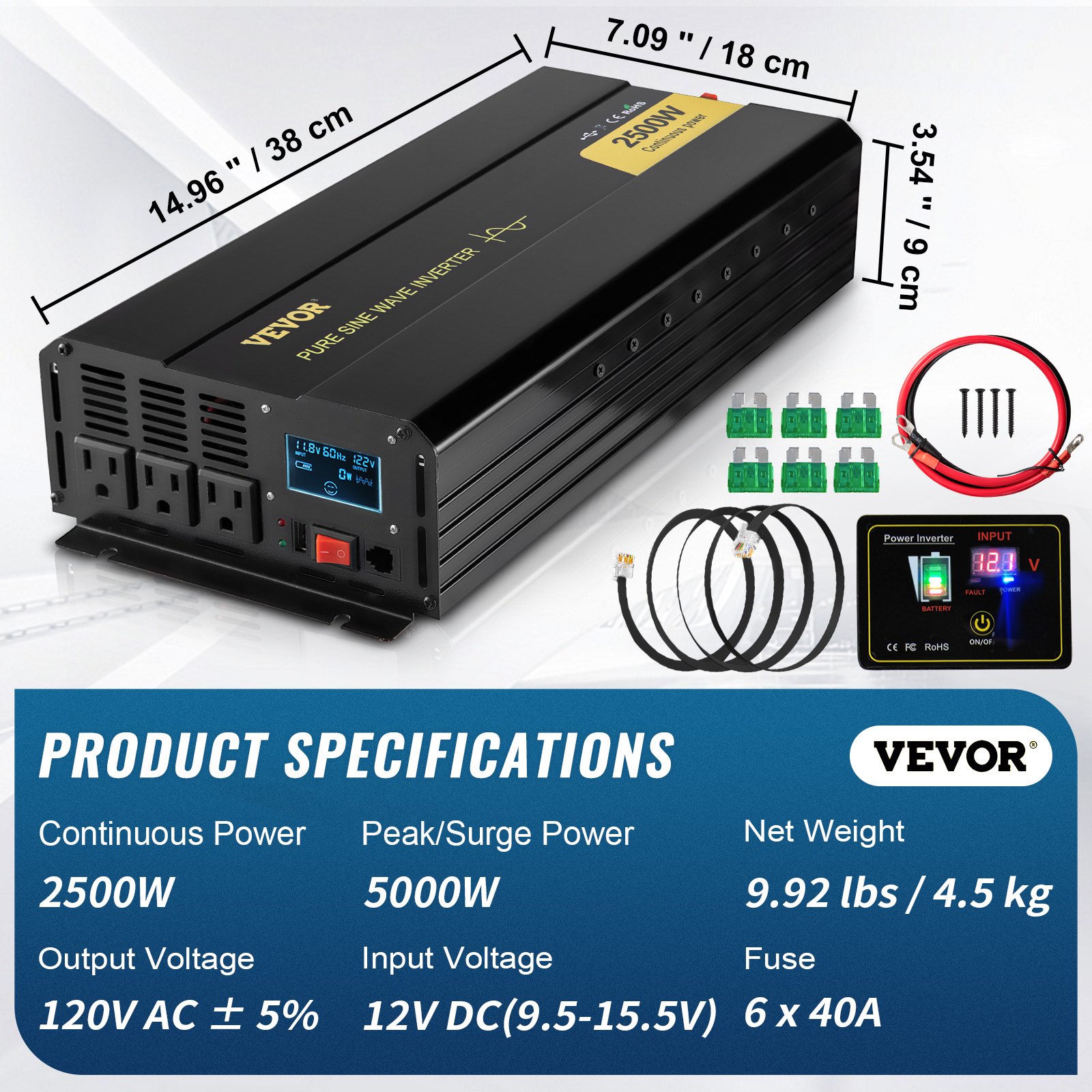 VEVOR Pure Sine Wave Inverter, 2500 Watt Power Inverter, DC 12V to AC ...