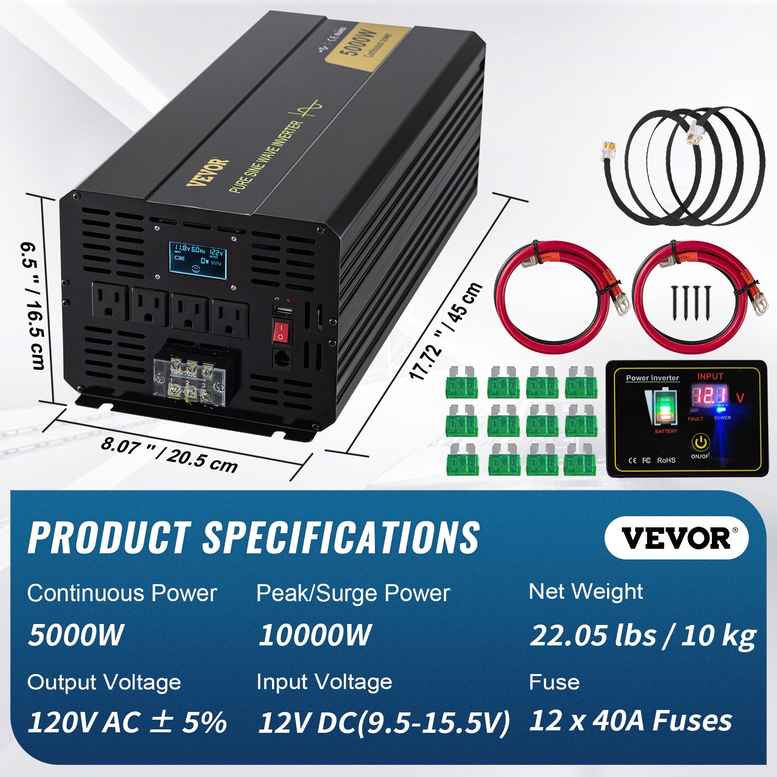 VEVOR Pure Sine Wave Inverter, 5000 Watt, Power Inverter, DC 12V to AC ...