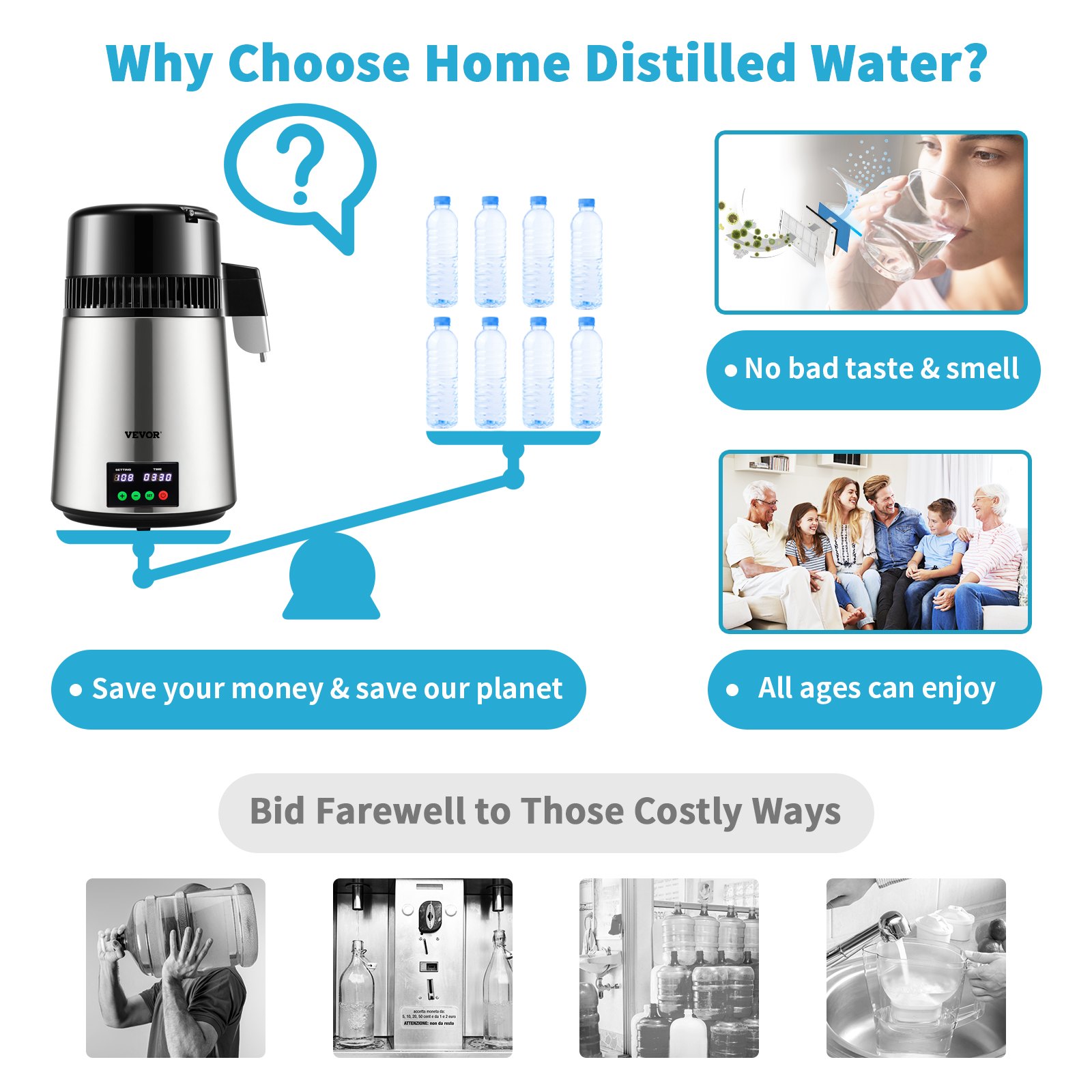 VEVOR 1.1 Gal Water Distiller, 0.3 Gal/H, 750W Distilled Water Maker ...