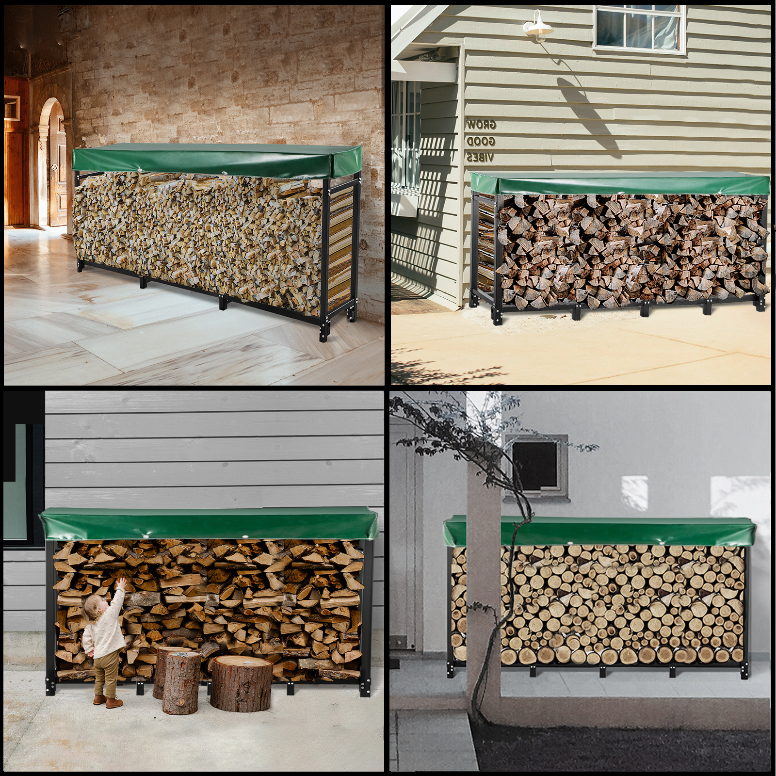 Vevor Firewood Log Rack Firewood Rack Outdoor 10' Black Wood Storage ...