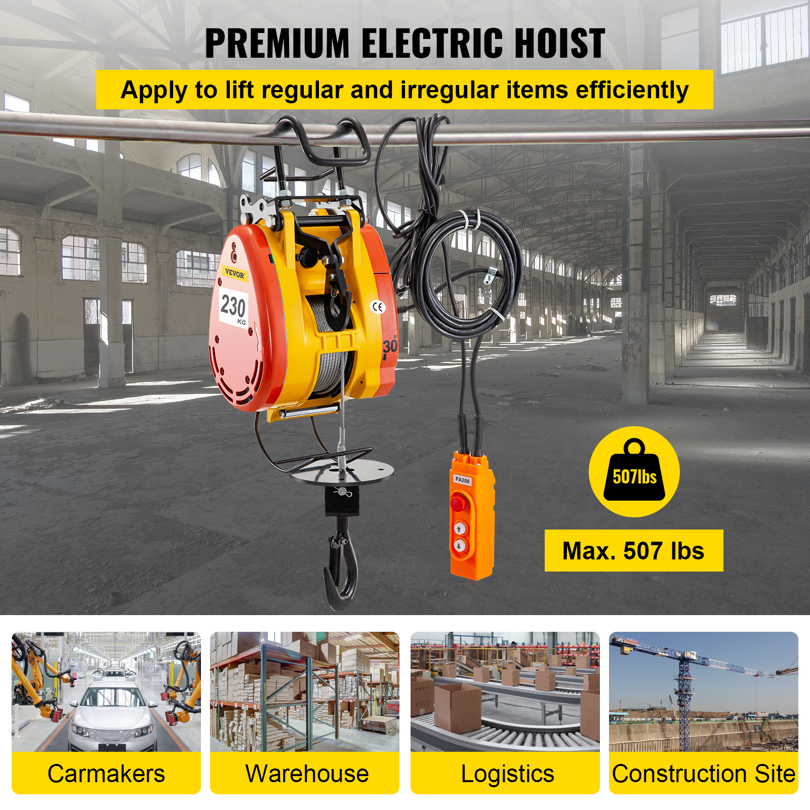 Electric Wire Rope Hoist 230kg Capacity 30m Wire Rope Pulling System ...