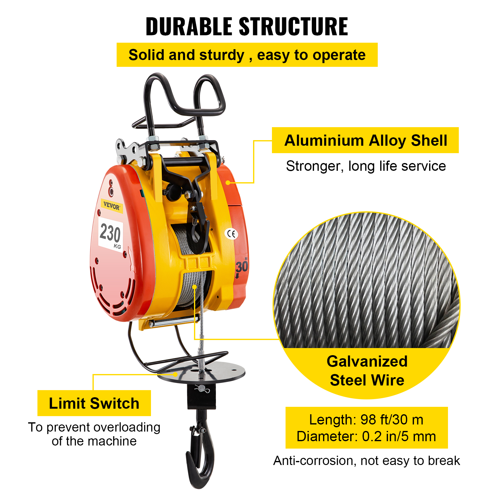 Electric Wire Rope Hoist 230kg Capacity 30m Wire Rope Pulling System ...